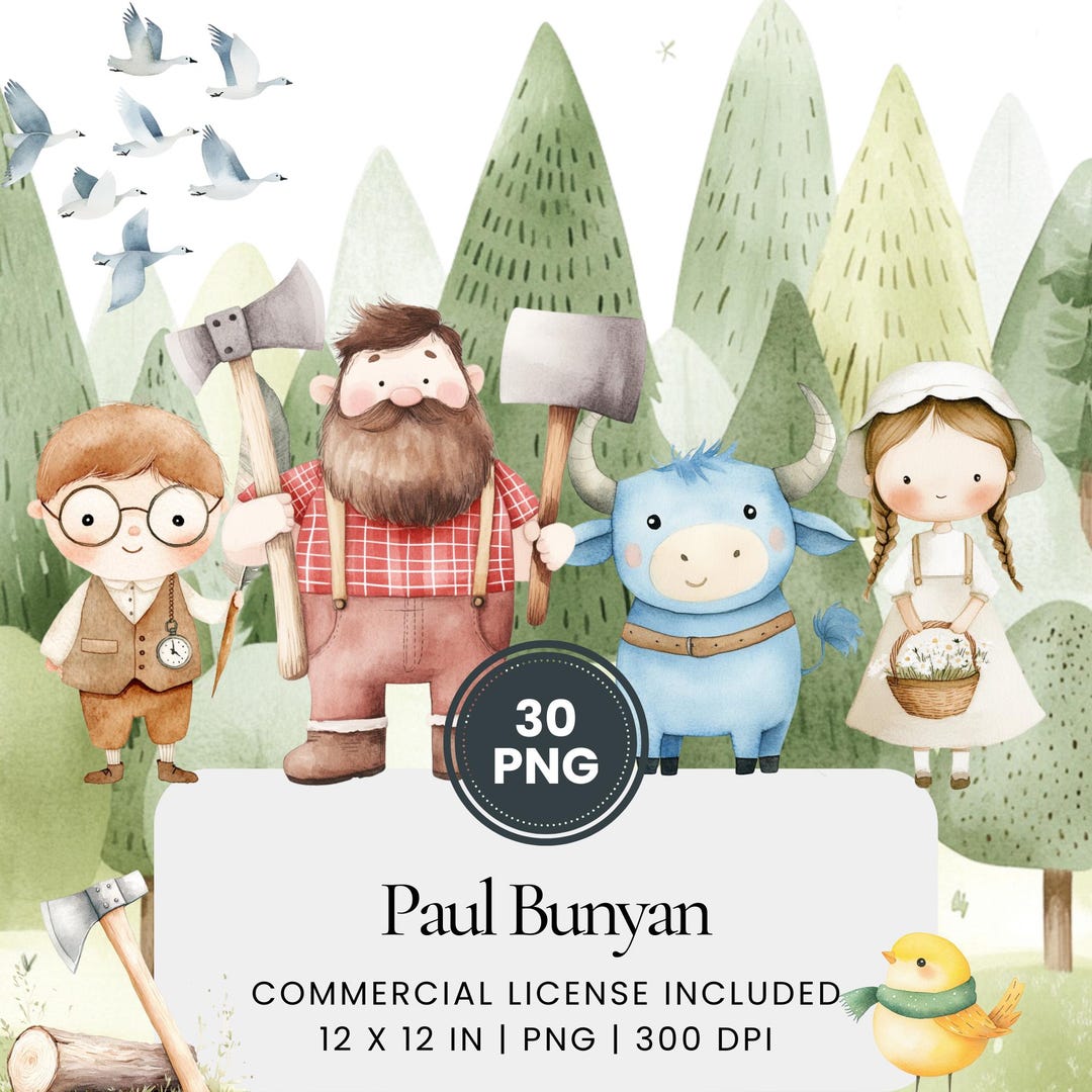 Paul Bunyan Clipart, Watercolor PNG Set With Lumberjack, Blue Ox ...