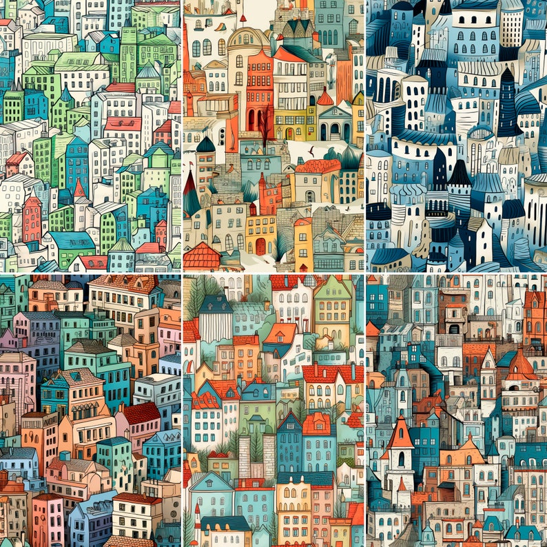 Hand Drawn City Digital Papers City Seamless Repeat Pattern - Etsy