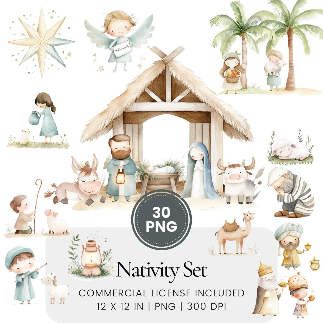 Watercolor Nativity Clipart Set, Cute Holy Family Illustration ...