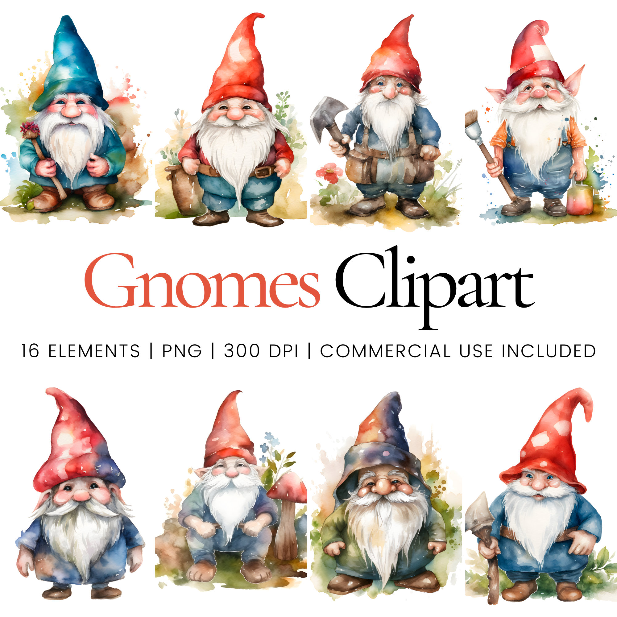 Watercolor Garden Gnomes Clip Art 16 PNG Elements Instant - Etsy