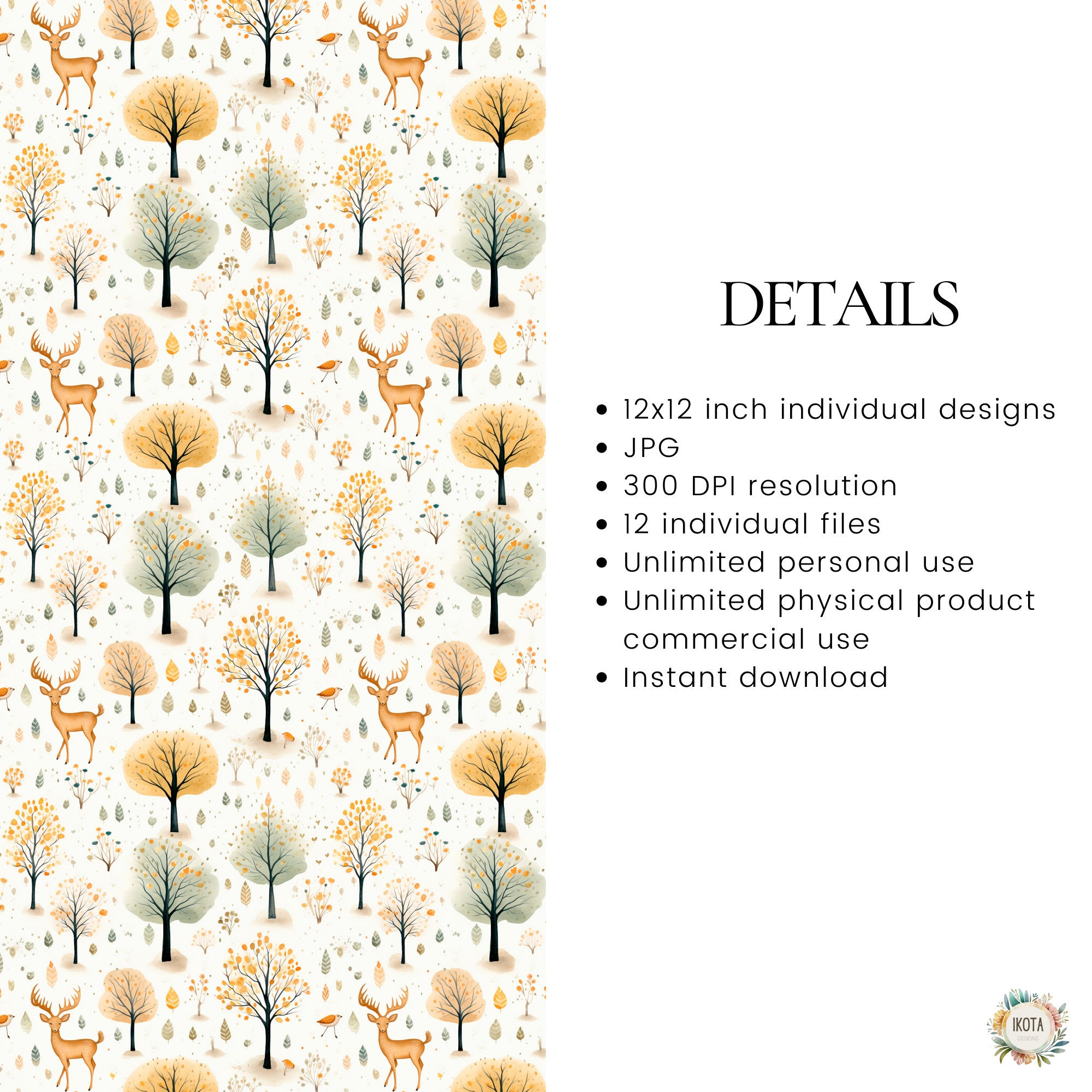 Deer Forest Digital Paper, Watercolor Deer Forest Seamless Repeat ...