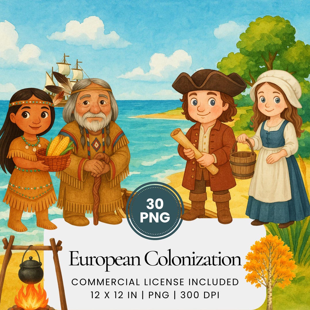 European Colonization of North America Clipart, Historical Watercolor ...