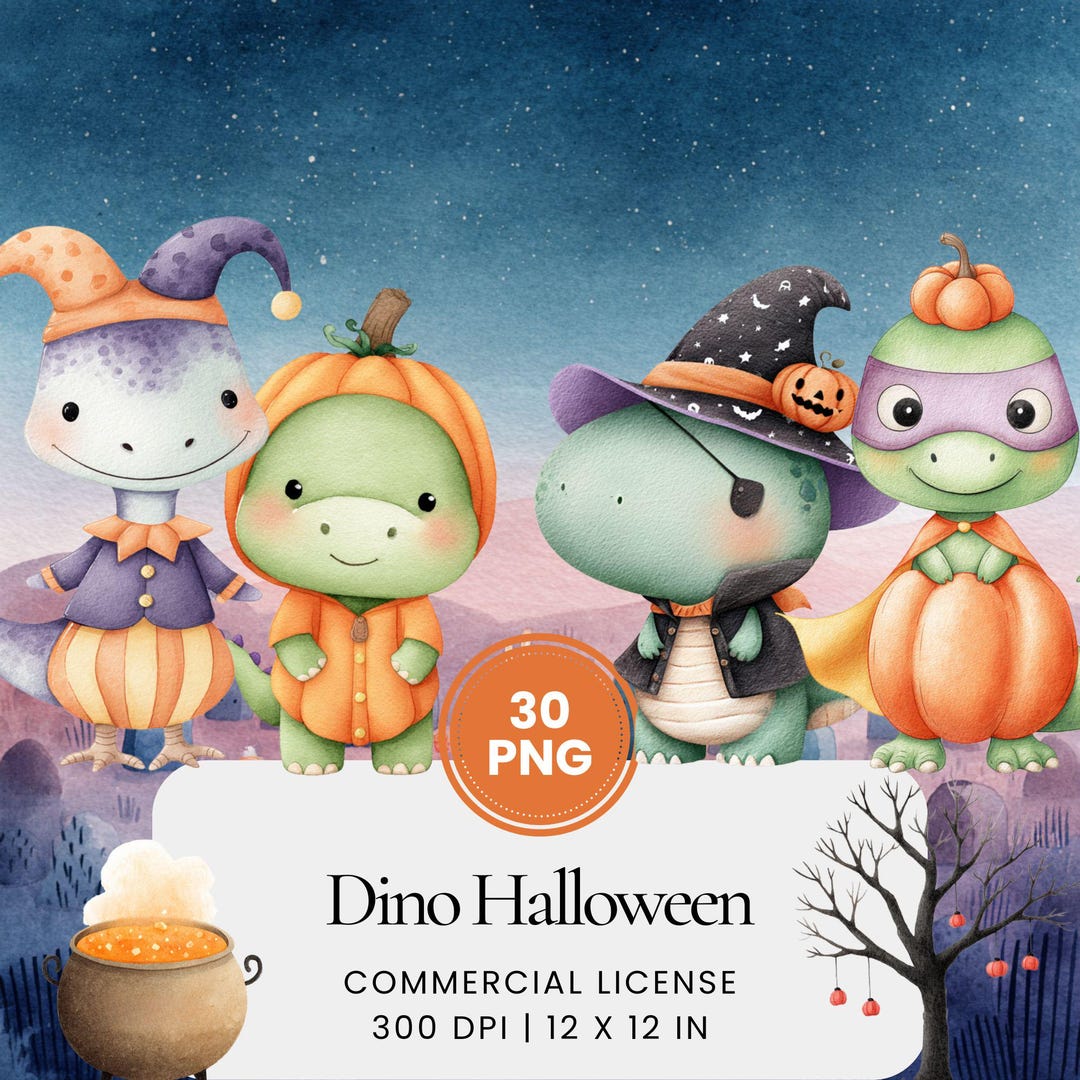 Halloween Dinosaur Clipart Bundle, Cute Dino Trick or Treat Clipart ...