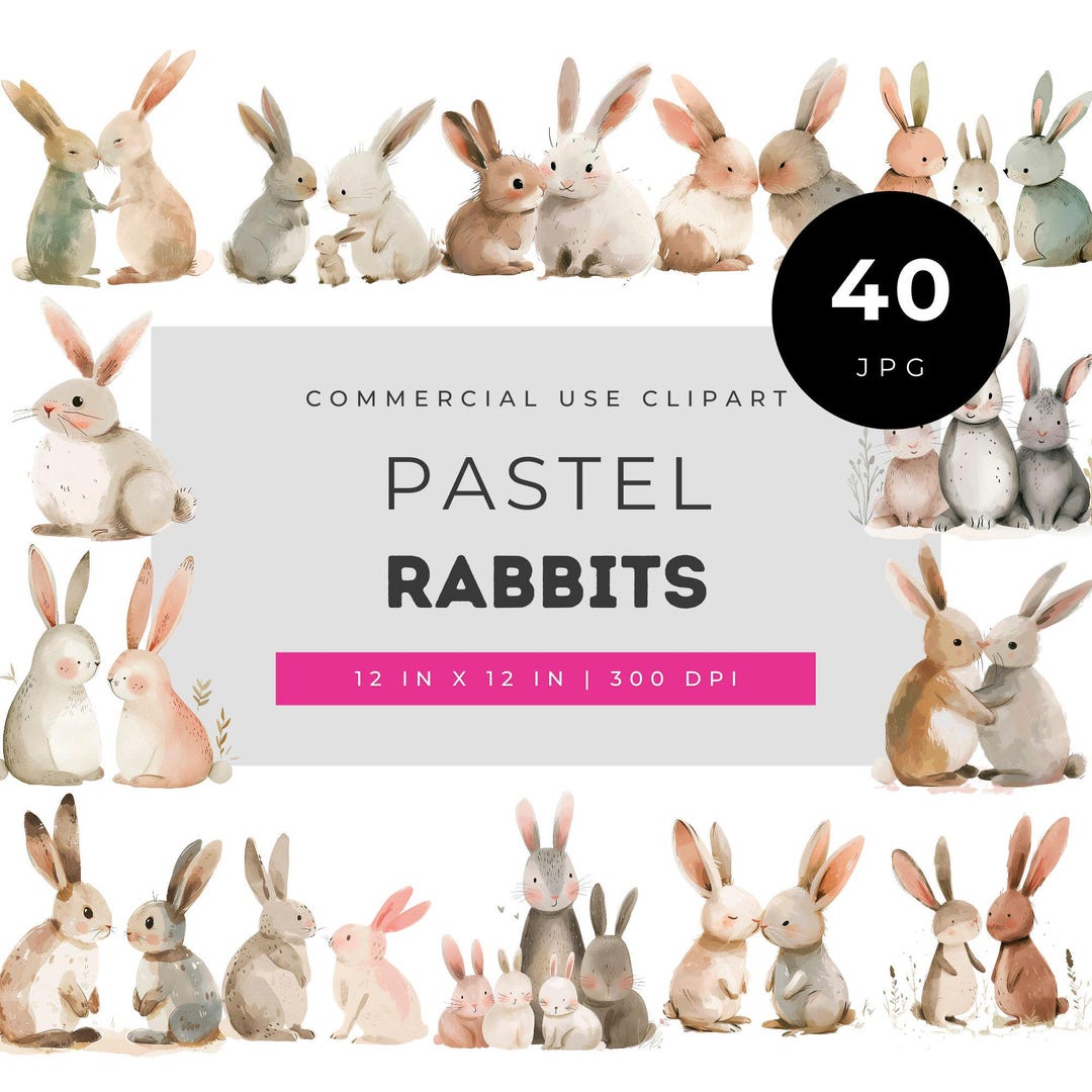 Pastel Watercolor Rabbit Clipart Set, Cute Bunny Illustration ...
