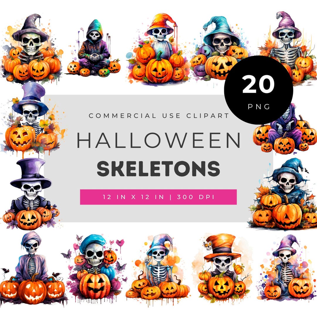 Halloween Skeleton Clipart Set, Spooky Cute Skeletons With Pumpkins ...