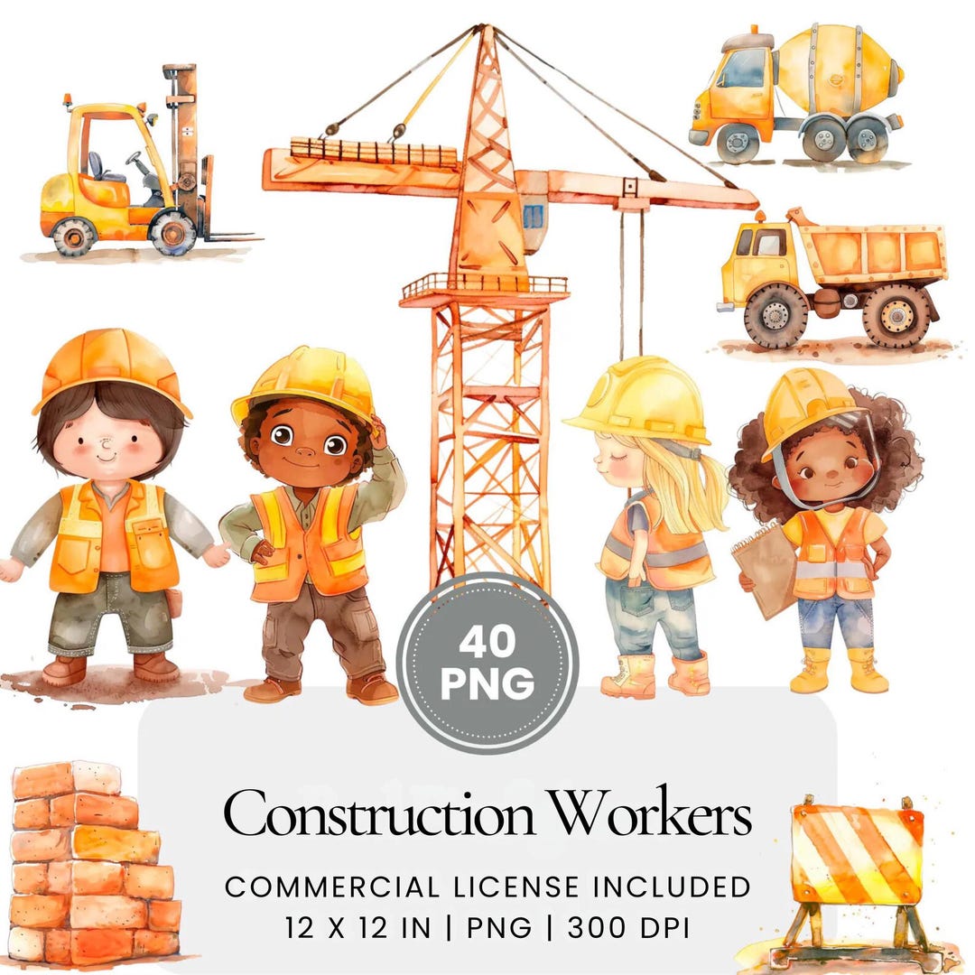 Construction Worker Clipart Bundle With Cute Builder Kids and Vehicles ...