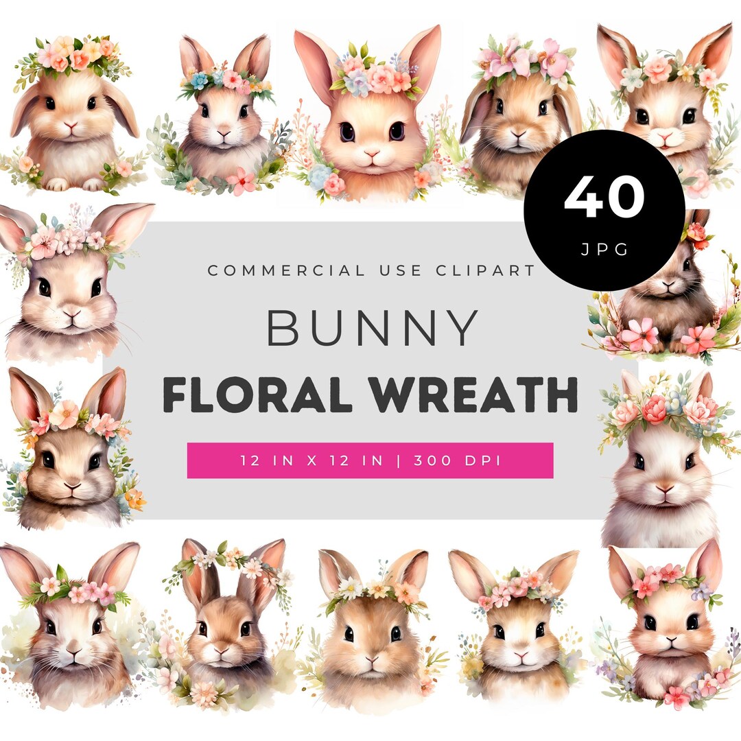 Bunny Floral Wreath Clipart, Cute Easter Rabbit Art, Watercolor Bunny ...