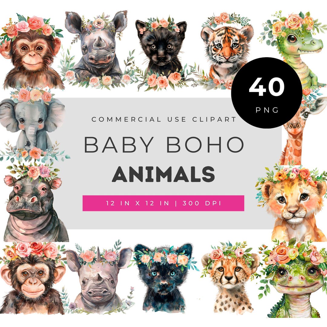 Baby Boho Animals Clipart PNG Bundle, Safari Nursery Watercolor ...