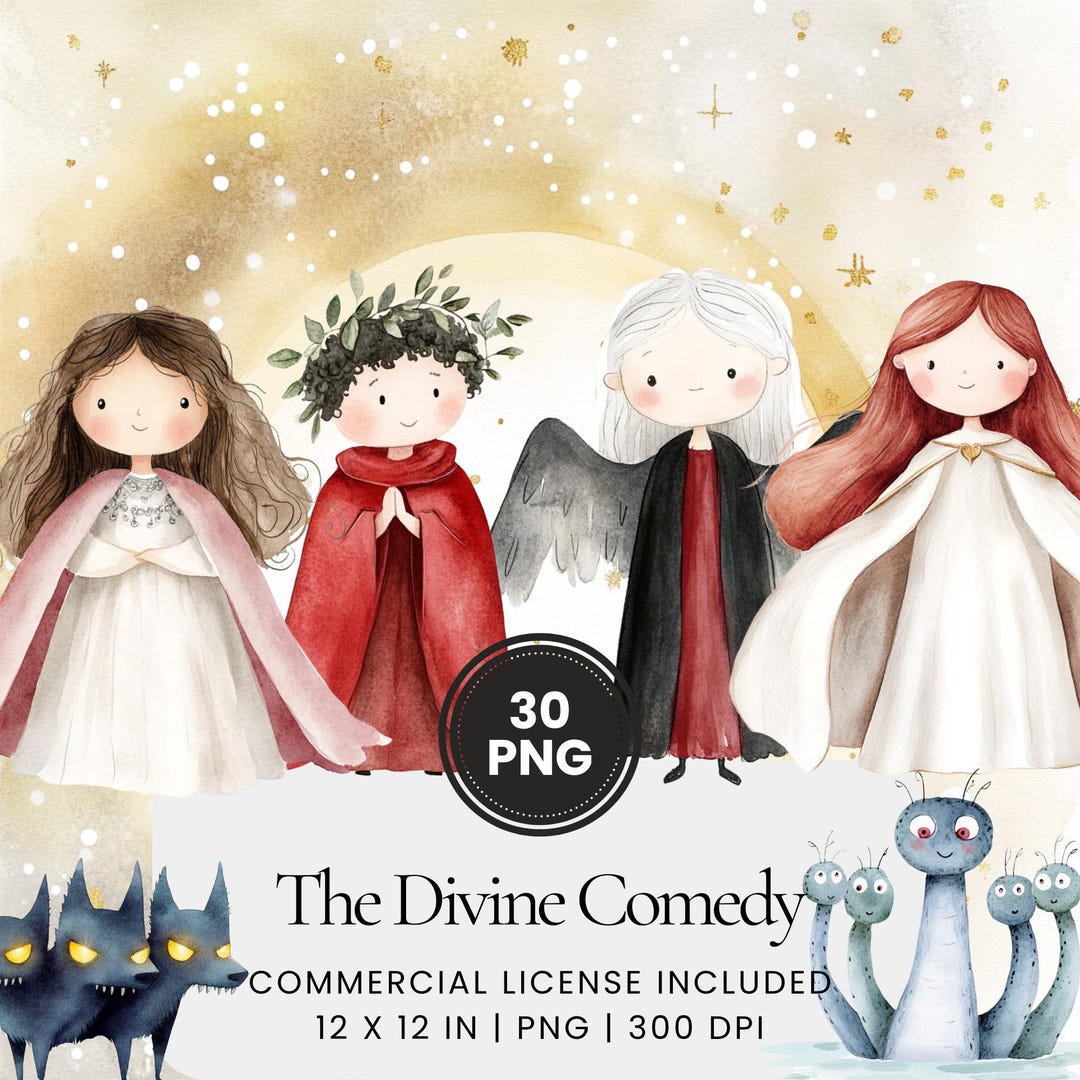 The Divine Comedy Clipart, Watercolor PNG Set With Angels, Poet, and ...