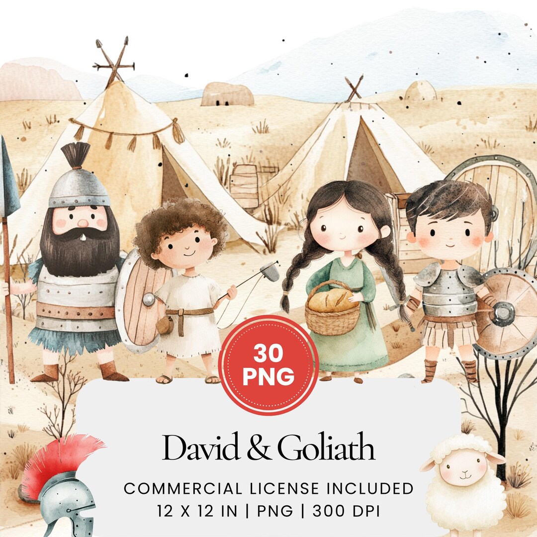 David and Goliath Bible Clipart Bundle, Christian PNG Set for Sunday ...