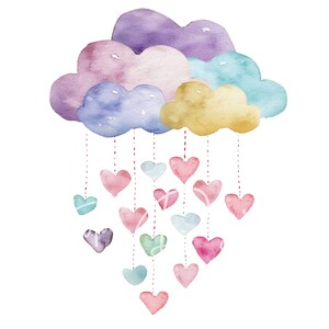 Watercolor Cloud and Hearts Clipart, Pastel Rainbow Heart Rain ...