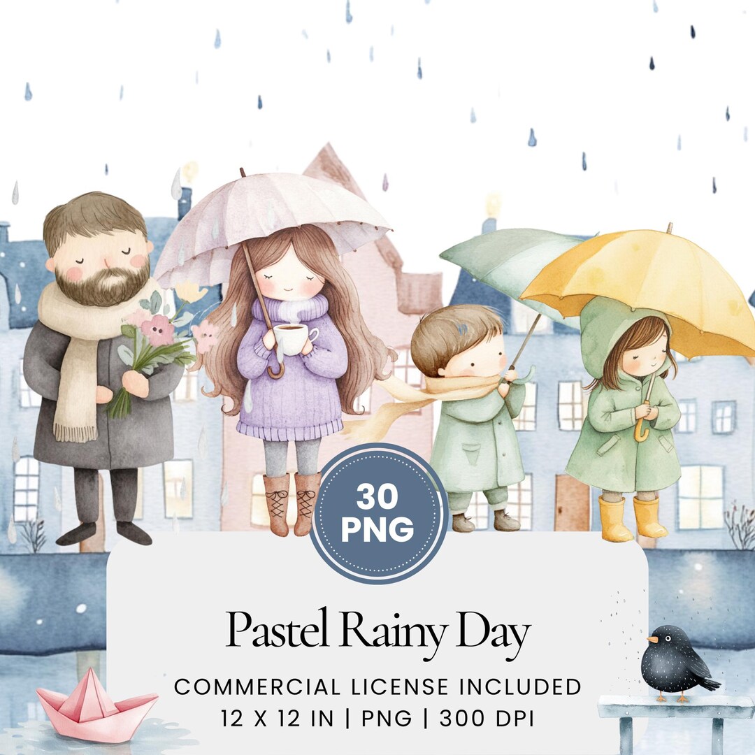 Pastel rainy day clipart set, cute family rain illustrations, soft ...