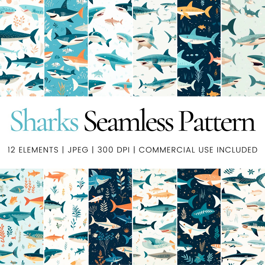 Shark Seamless Pattern Bundle, Ocean Sharks Digital Paper Pack ...