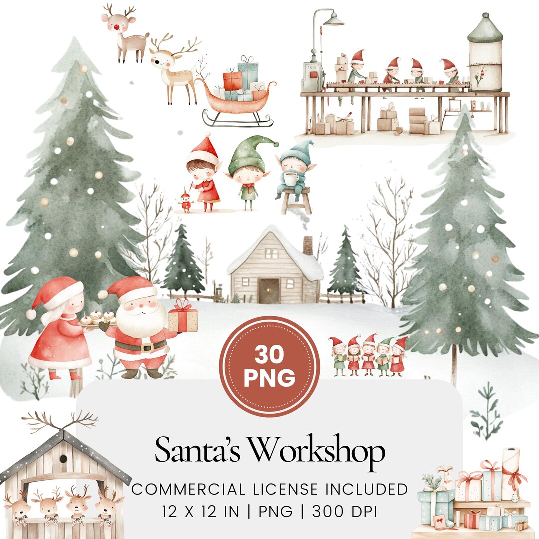 Santa's Workshop Clipart - 30 PNG - Digital Planner, Junk Journaling ...