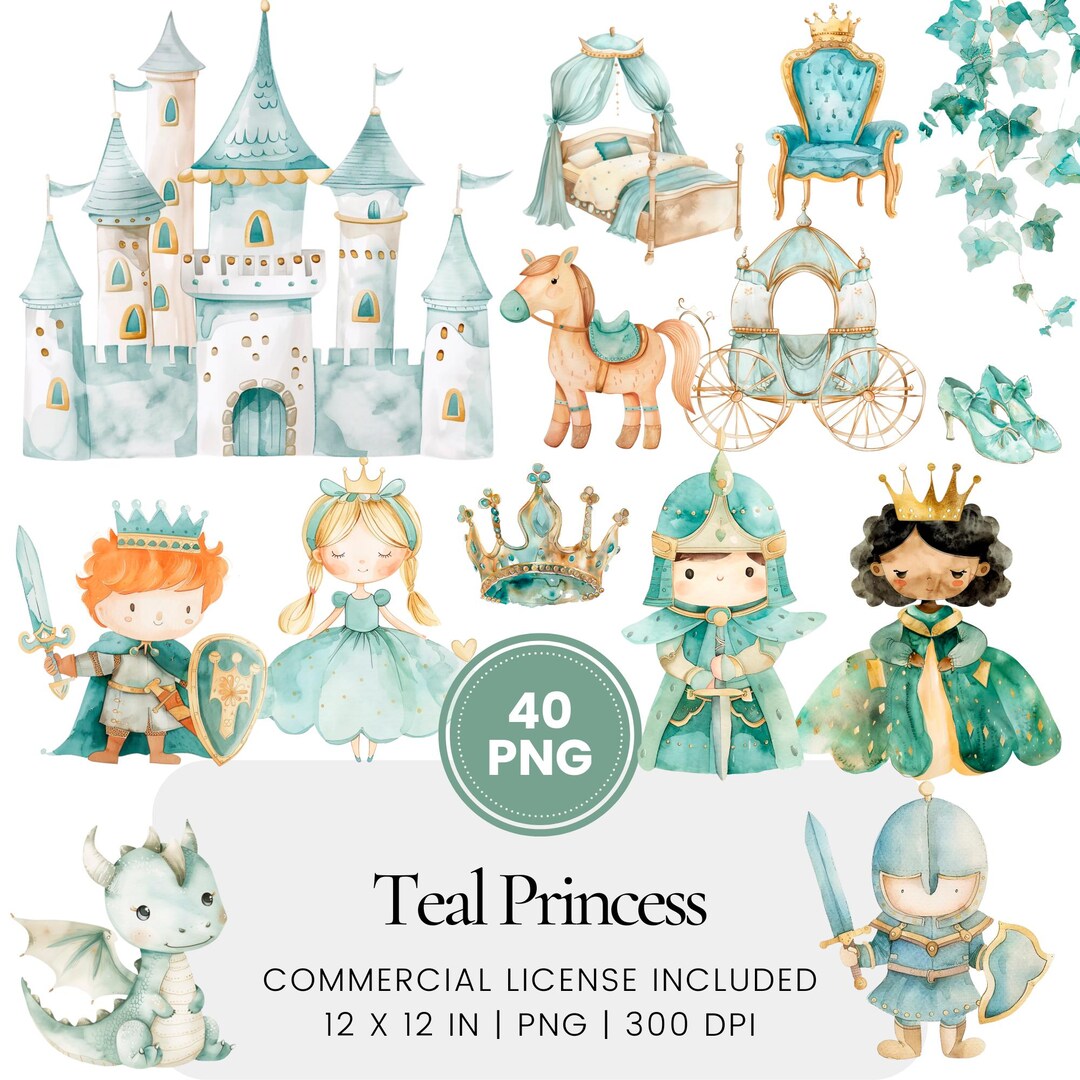Teal Princess Pack Clipart - 40 High Quality Pngs - Digital Planner ...