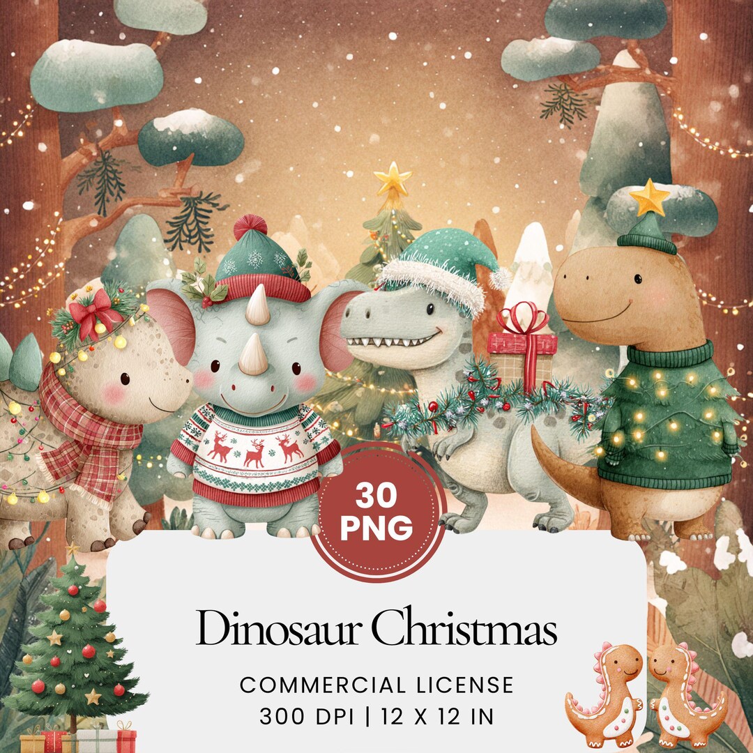 Dino Christmas Watercolor Clipart Bundle, Holiday Dinosaur ...