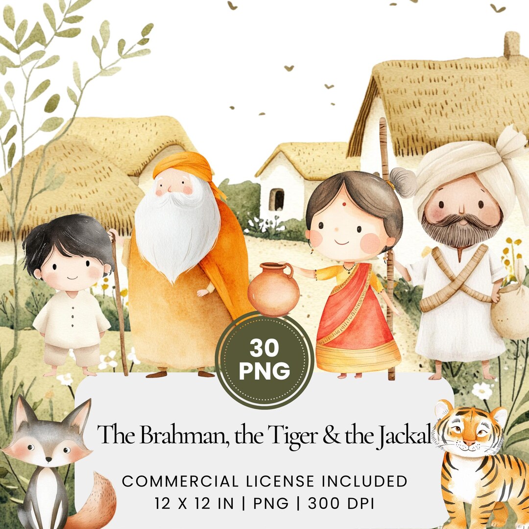 The Brahman the Tiger and the Jackal Clipart, Watercolor PNG Set With ...