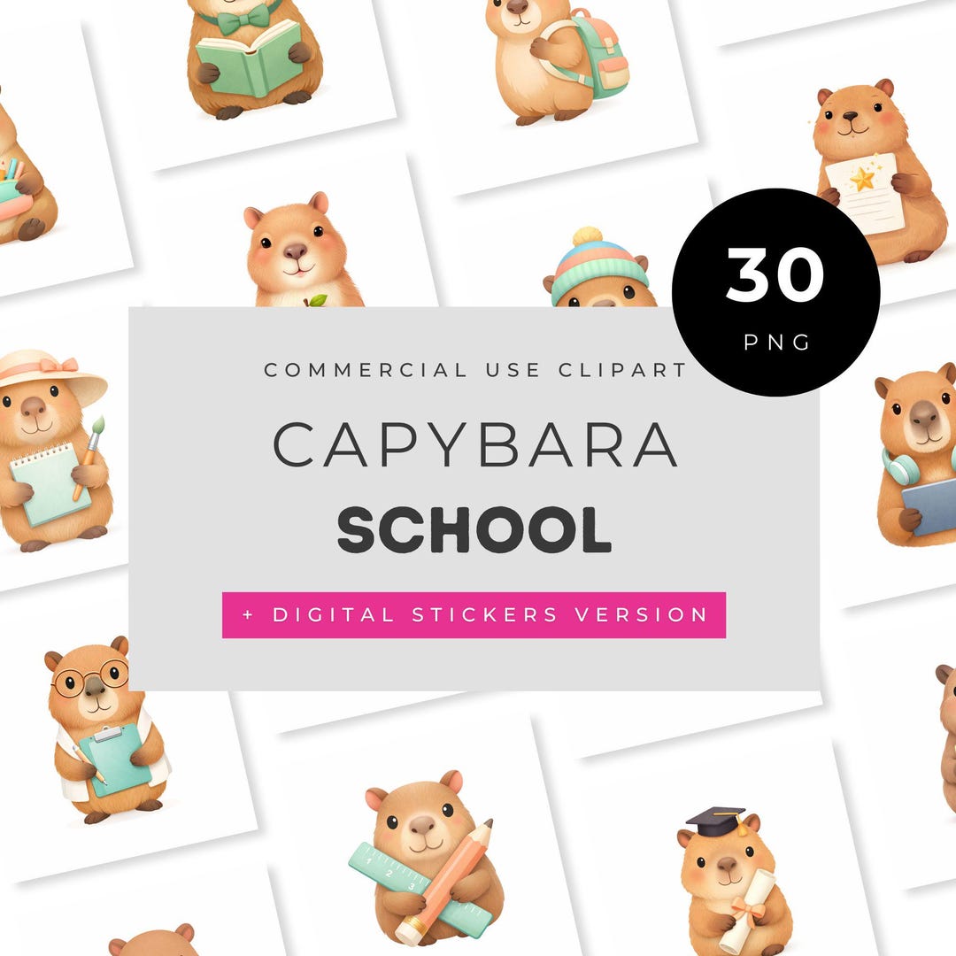 Capybara School Clipart Bundle, Cute Animal Student Illustrations, Back ...