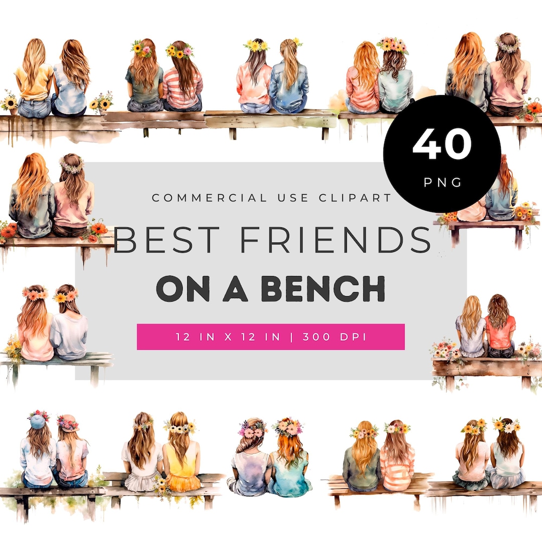 Best Friends Bench Clipart Set Watercolor Girls Sitting Together Floral ...