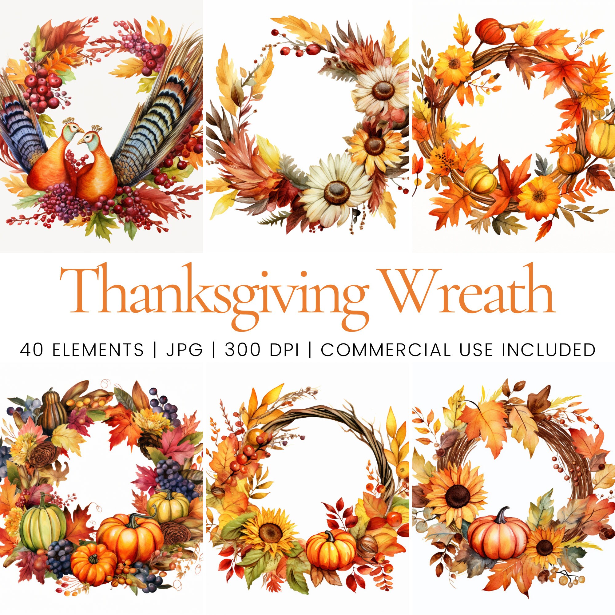 Thanksgiving Wreath Clipart 40 High Quality Jpgs Digital Planner, Junk ...