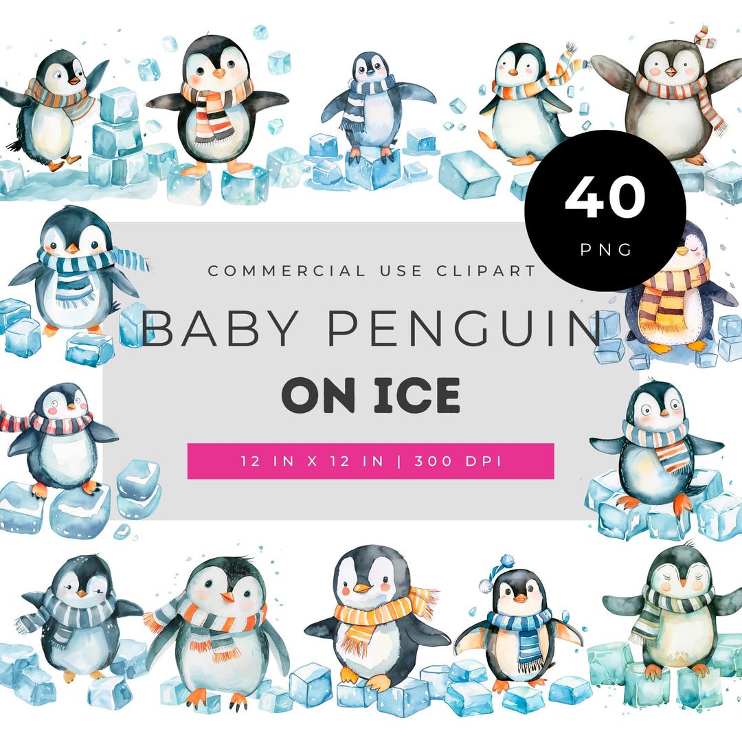 Baby Penguin on Ice Watercolor Clipart Set With Cute Winter Penguins ...