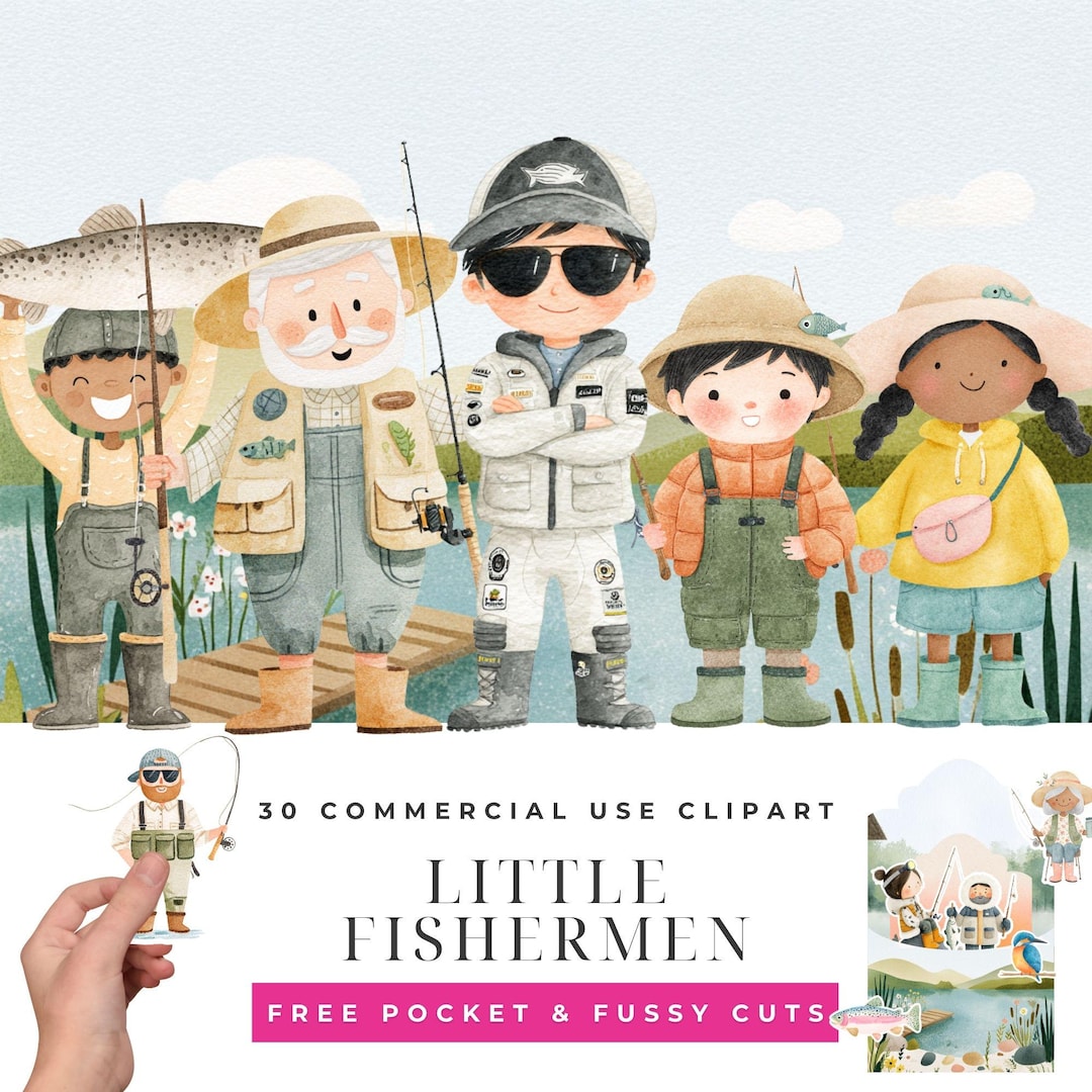Little Fishermen Clipart Bundle, Watercolor Kids Fishing Illustrations ...