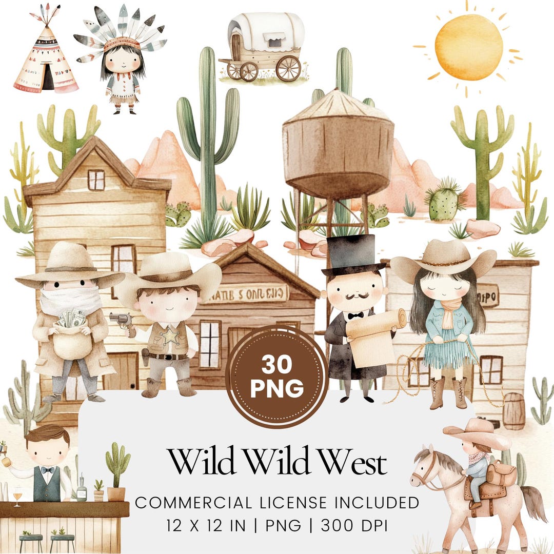 Wild Wild West Clipart Bundle, Cute Cowboy & Cowgirl Characters With ...
