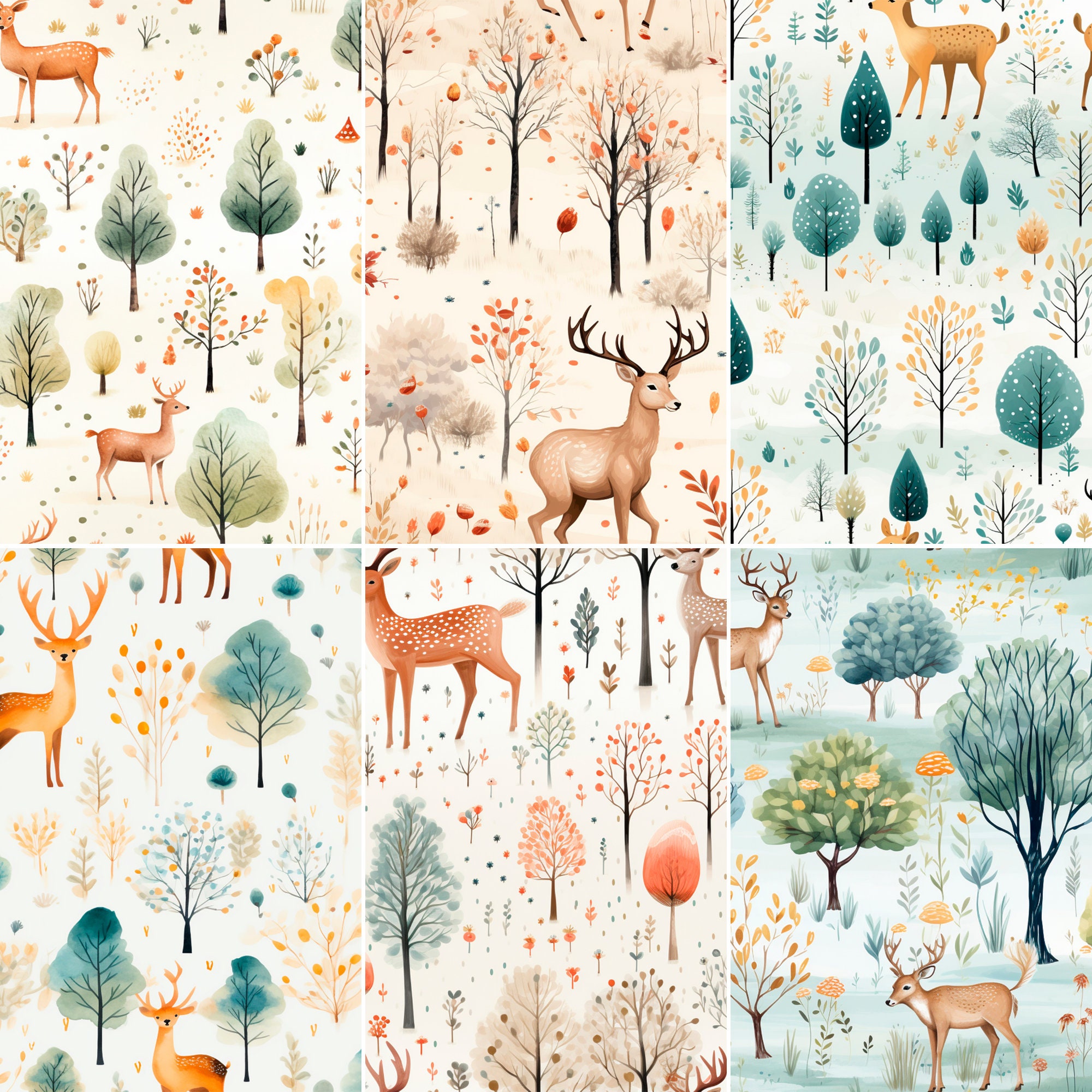 Deer Forest Digital Paper, Watercolor Deer Forest Seamless Repeat ...
