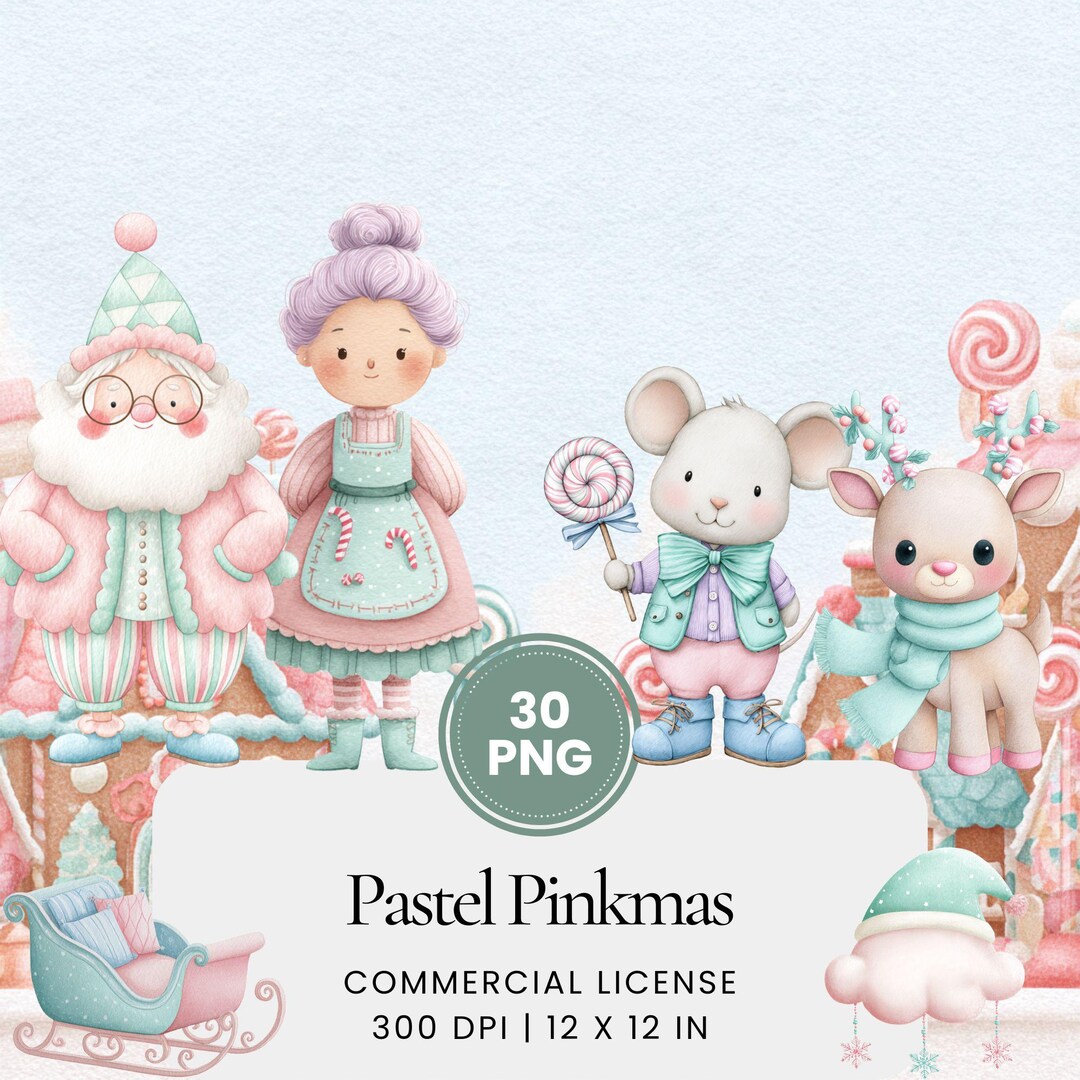 Pastel Pinkmas Christmas Clipart Bundle, Kawaii Holiday Watercolor ...