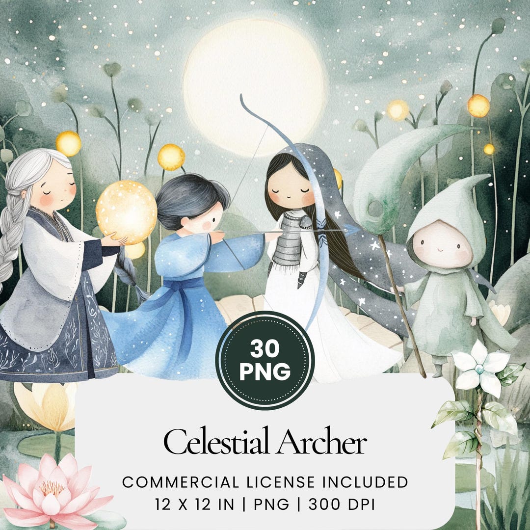 Celestial Archer Clipart Set, Mystical Moonlit Characters for Fantasy ...