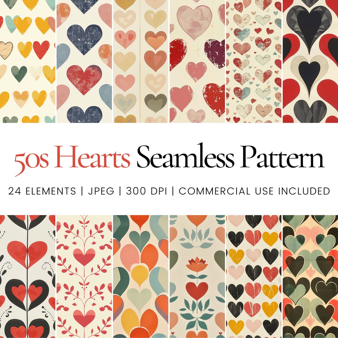 50s Hearts Seamless Repeat Pattern, Digital Papers, Background, Tumbler ...