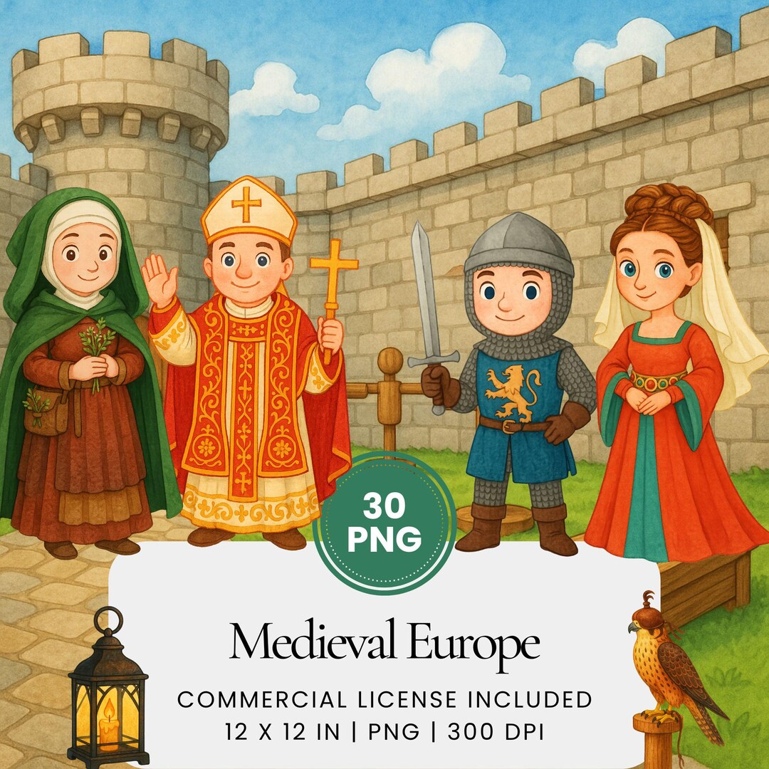 Medieval Europe Watercolor Clipart, Medieval Story Characters Bundle ...