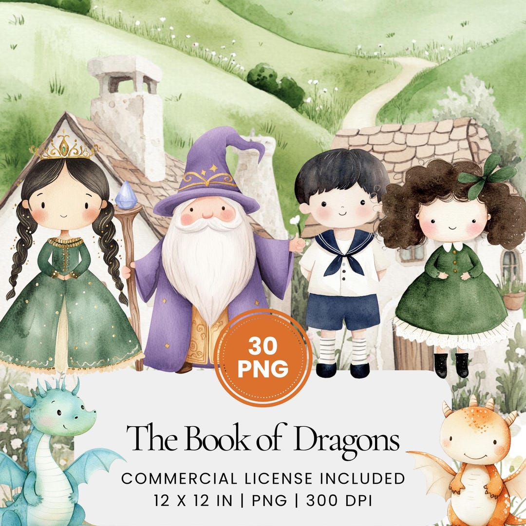 The Book of Dragons Clipart, Watercolor PNG Set With Wizards, Princess ...