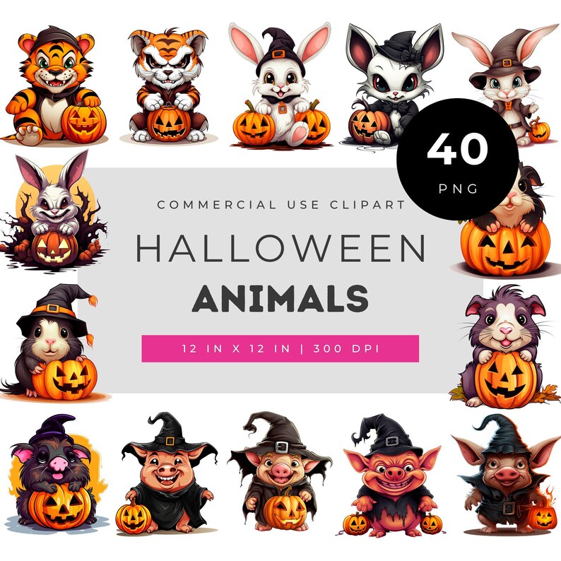 Halloween animals clipart set, cute bunnies tigers and pigs with ...