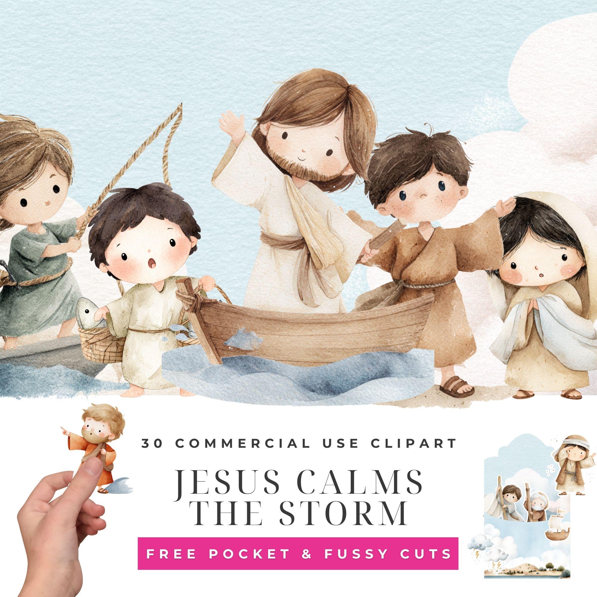 Jesus Calms the Storm Bible Clipart Bundle, Watercolor Disciples Sea ...