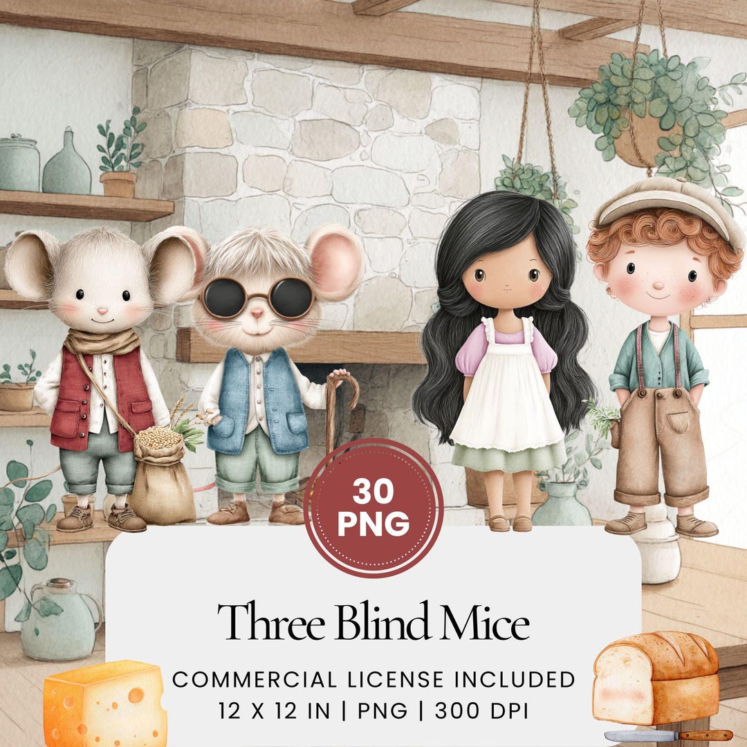 Three Blind Mice Watercolor Clipart Bundle, Nursery Rhyme Illustrations ...