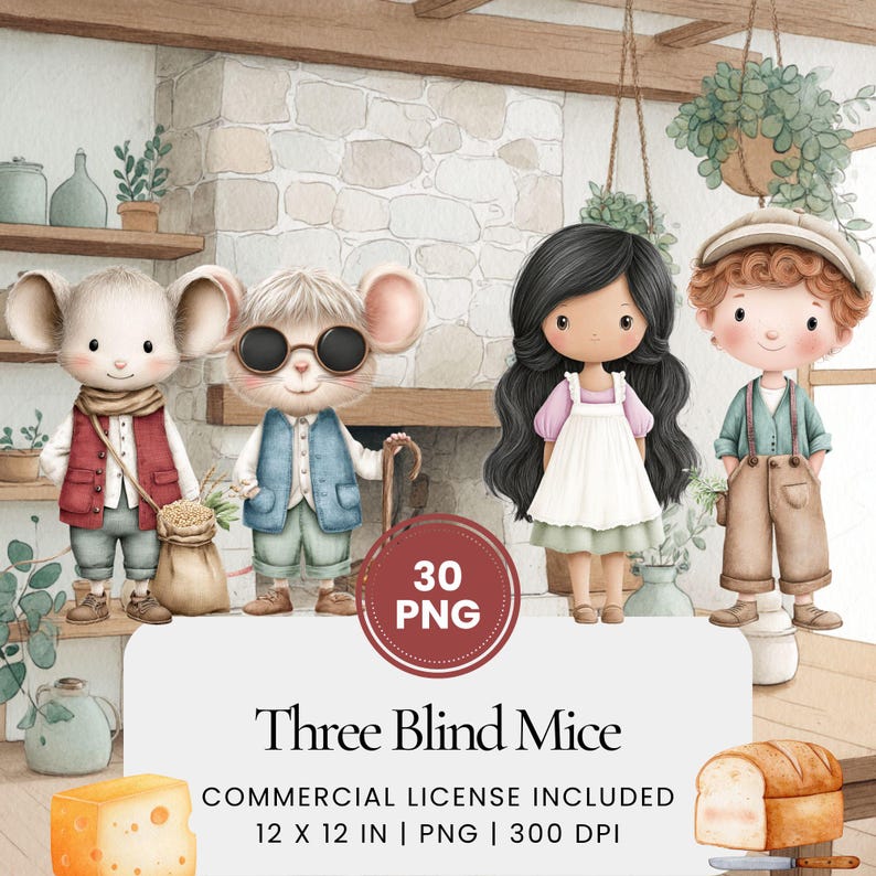 Three Blind Mice Watercolor Clipart Bundle, Nursery Rhyme Illustrations ...