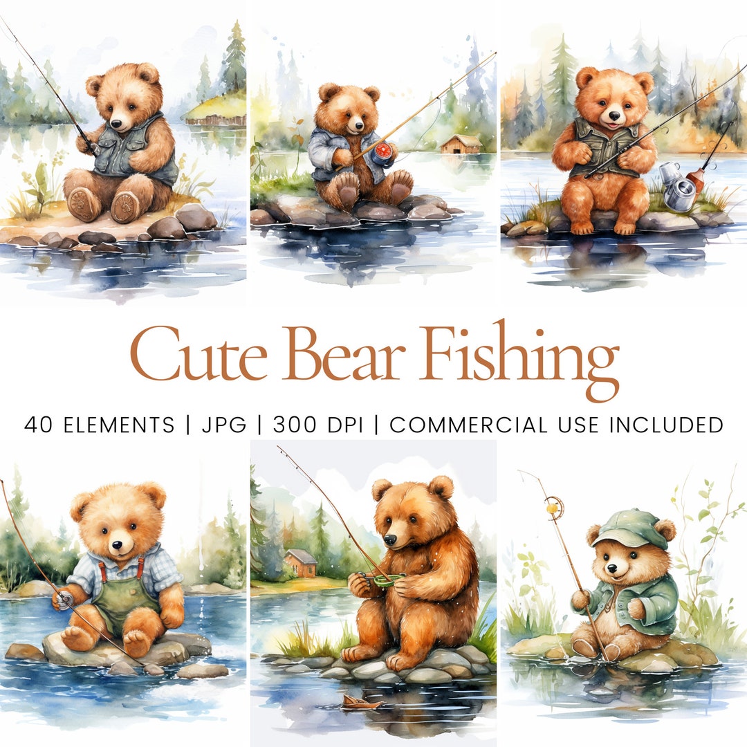 Cute Bear Fishing Clipart 40 High Quality JPG Digital - Etsy