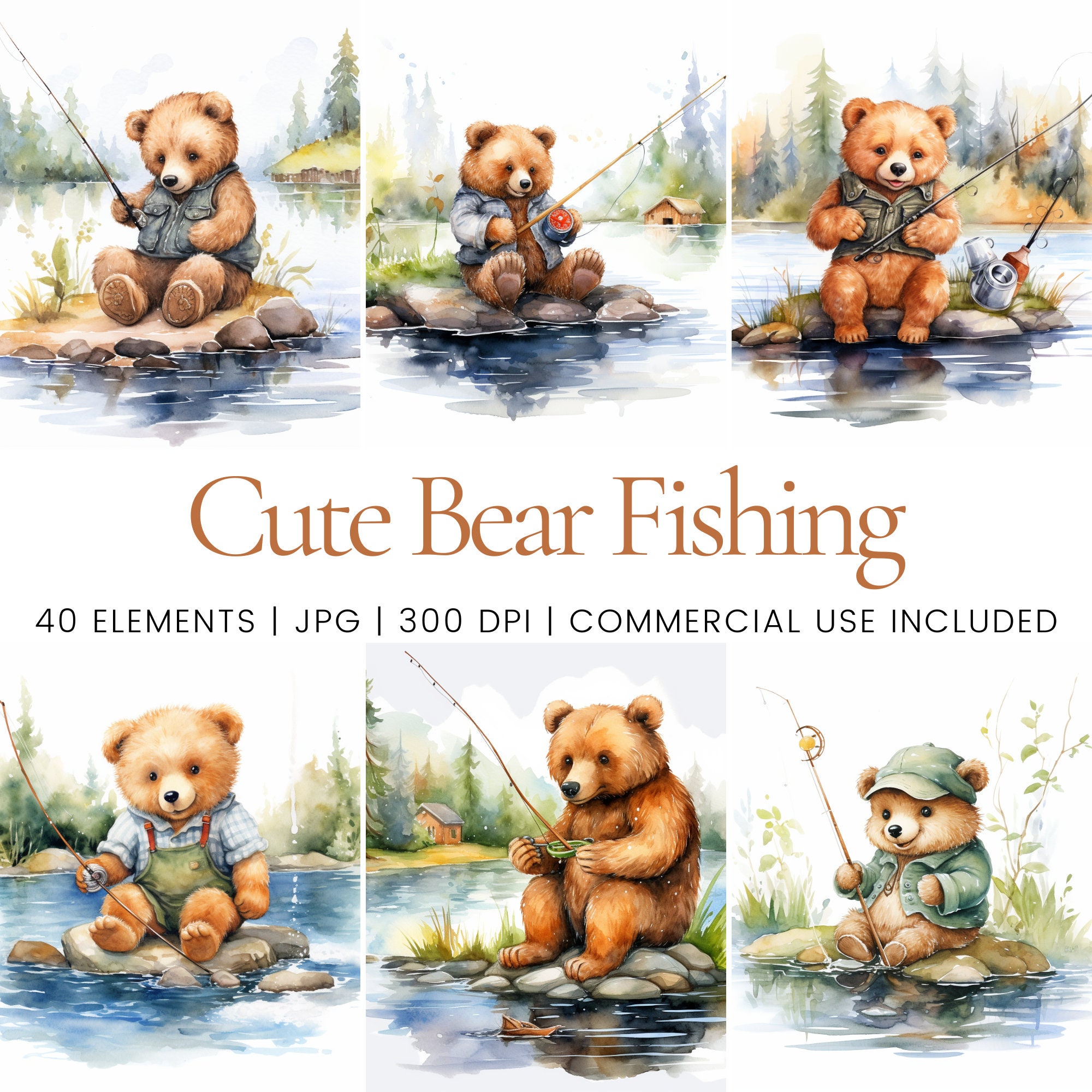 Cute Bear Fishing Clipart - 40 High Quality JPG - Digital Planner, Junk ...