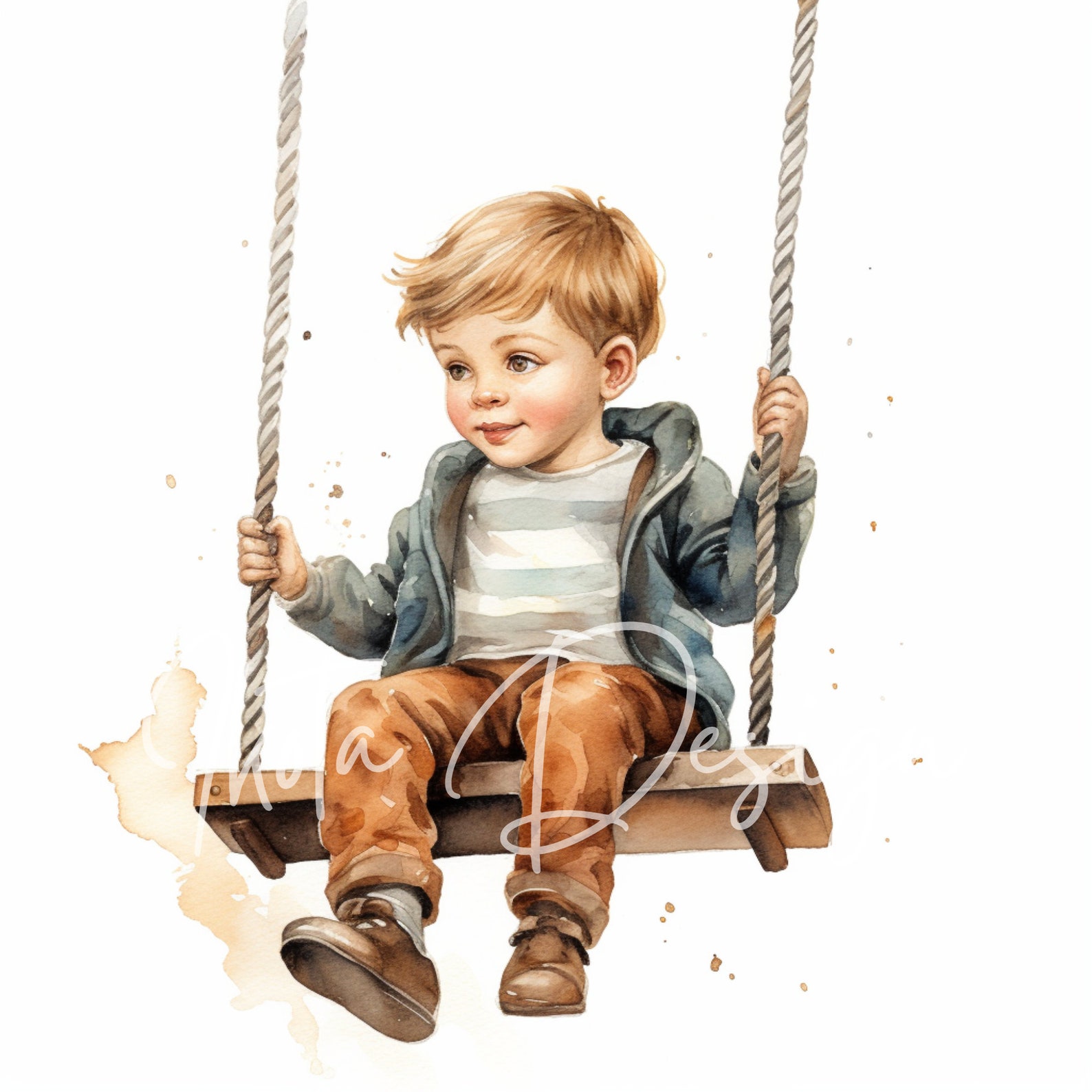 Boy on a Swing Clipart Bundle, Watercolor Swing Boy Illustrations, Cute ...