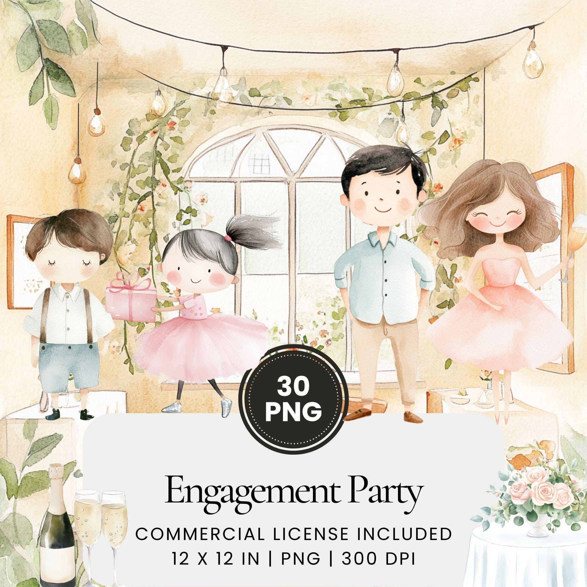 Engagement Party Clipart Bundle, Watercolor Engaged Couple Friends PNG ...