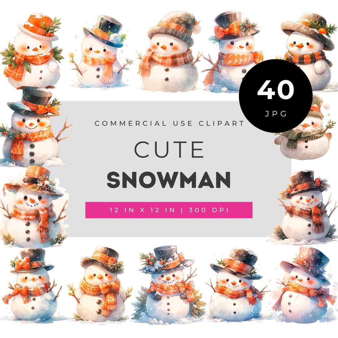 Cute Snowman Clipart, Watercolor Winter Snowmen With Hats and Scarves ...