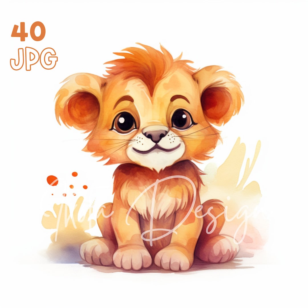 Chibi Baby Lion Watercolor Clipart Bundle, Cute Jungle Animal Printable ...