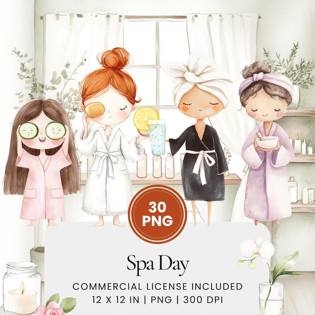 Spa Day Clipart Girls Self Care Png Set, Relaxing Spa Characters Bundle ...