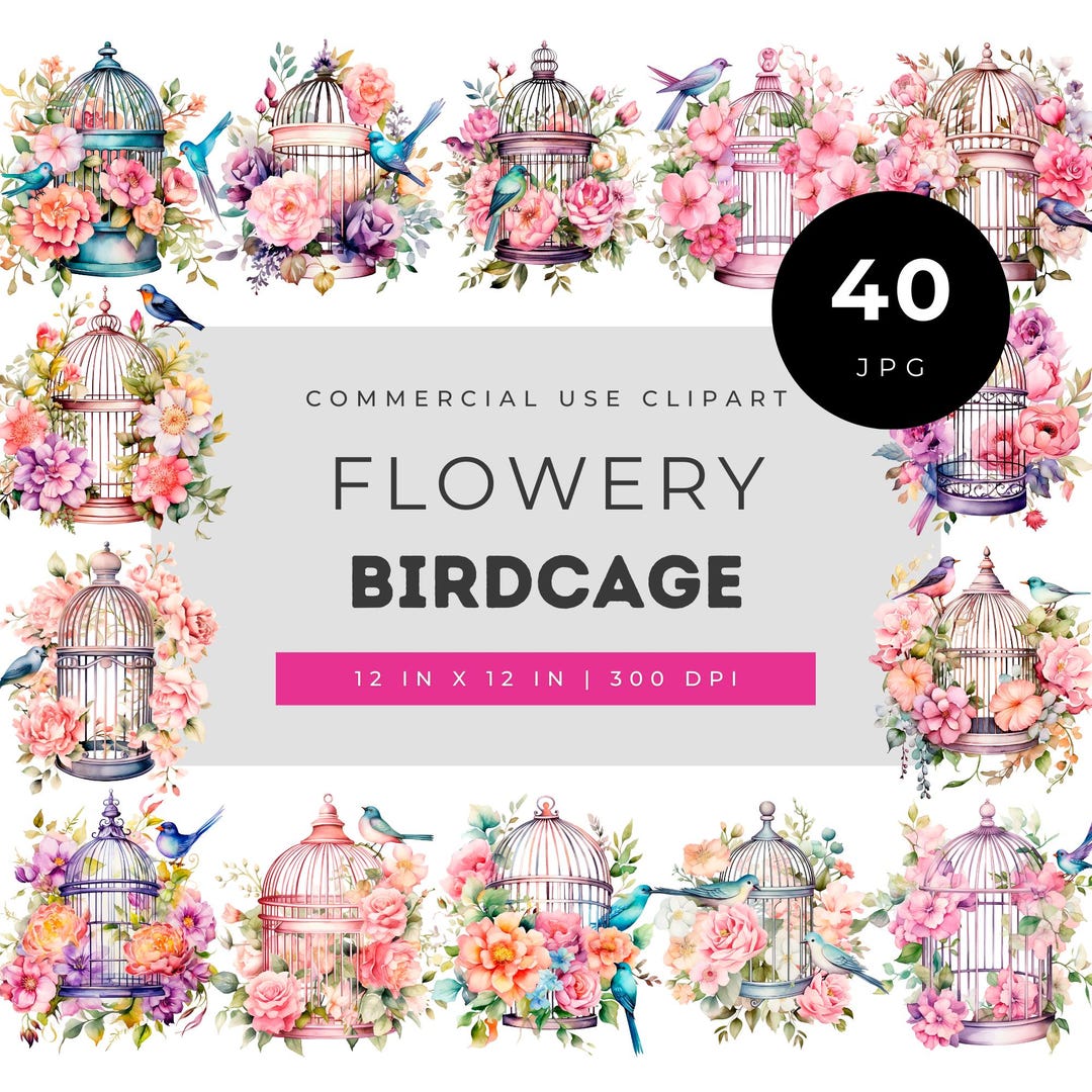Flowery Birdcage Clipart Set for Crafts, Floral Bird Cage JPG Bundle ...