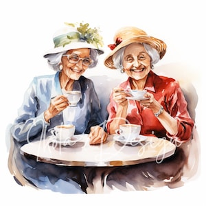 Old Ladies Tea Party Clipart Set With Watercolor Senior Friends ...