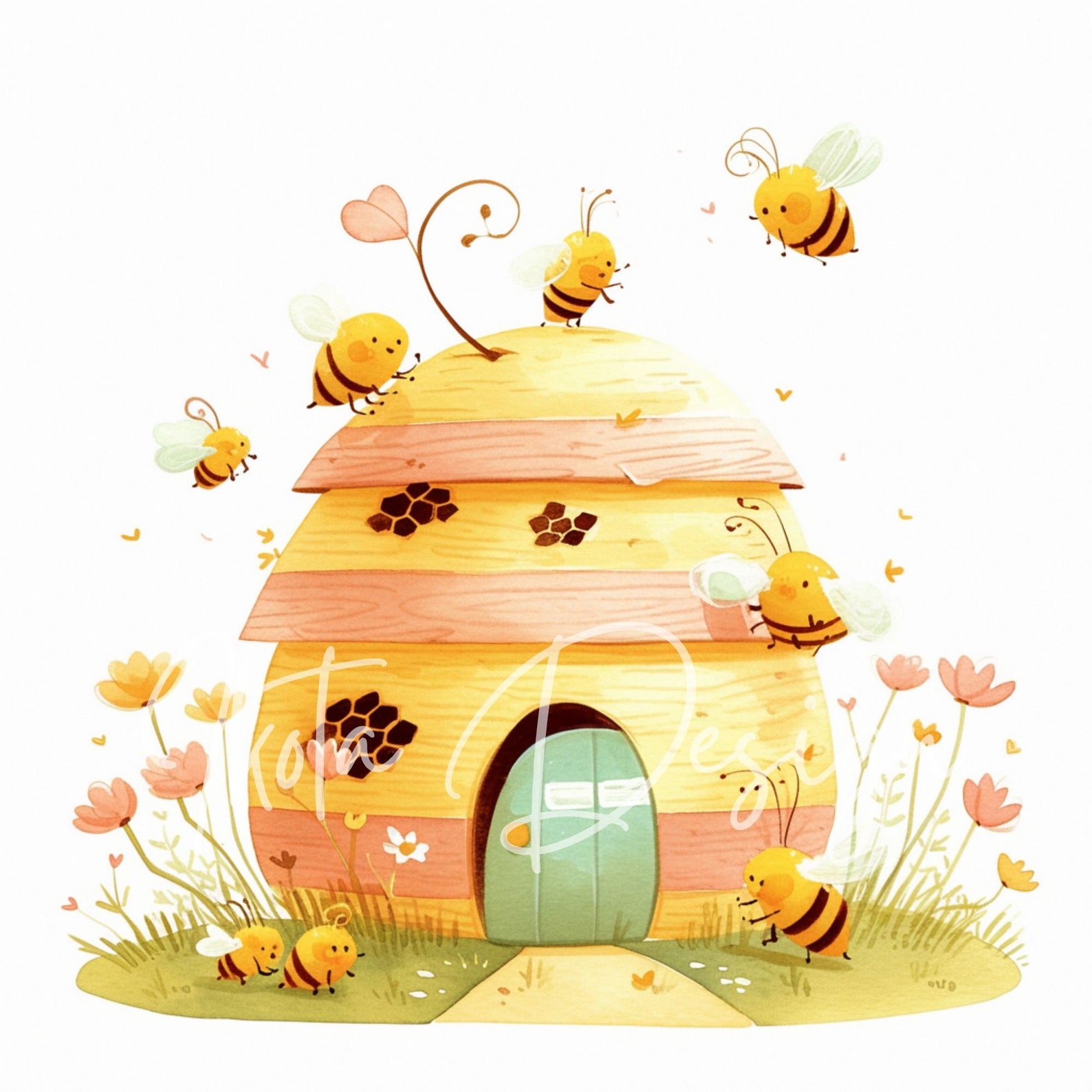 Little Beehive Clipart JPG Bundle, Cute Watercolor Bee House Graphics ...