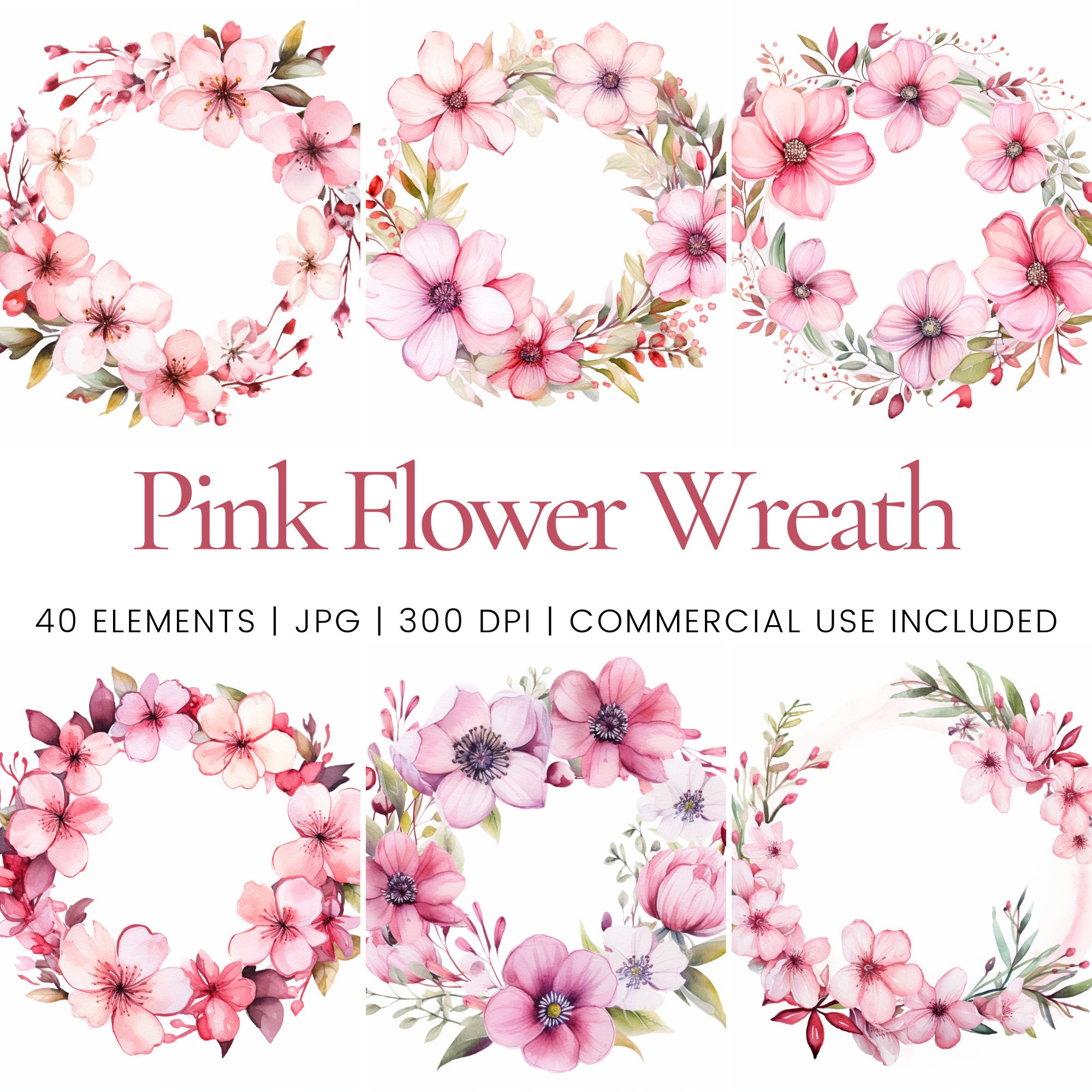 Pink Flower Wreath Clipart 40 High Quality Jpgs Digital Planner, Junk ...