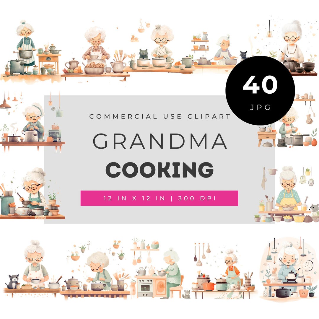 Grandma Cooking Clipart Set Cute Elderly Chef Illustrations Kitchen ...