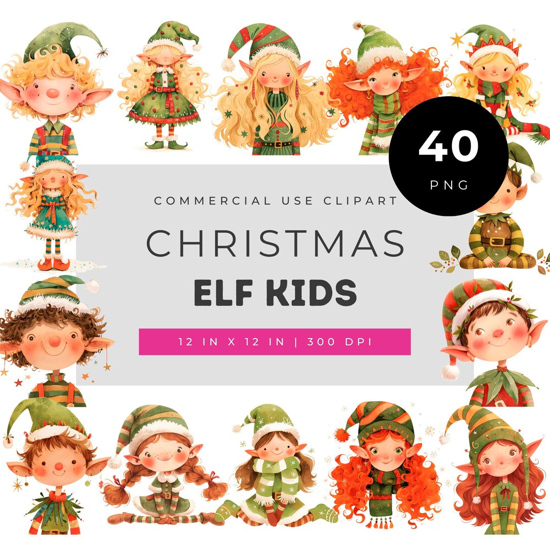 Christmas Elf Kids Clipart Bundle, Cute Watercolor Elves in Festive ...